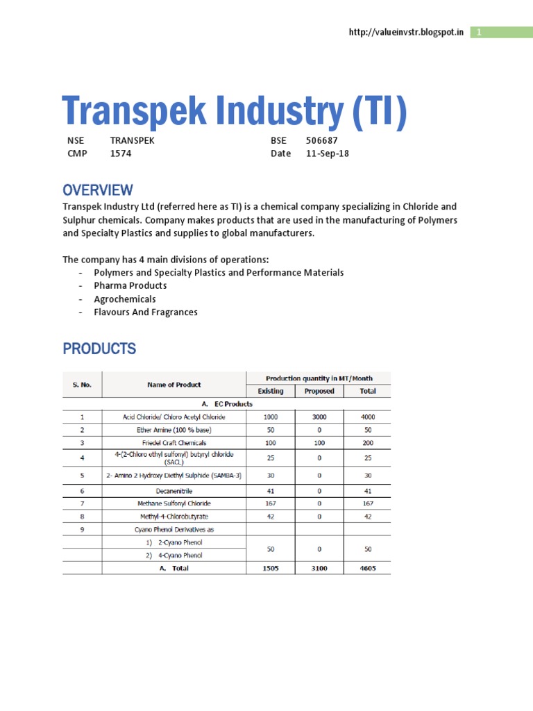 Transpek Industry LTD | PDF | Chlorine | Revenue