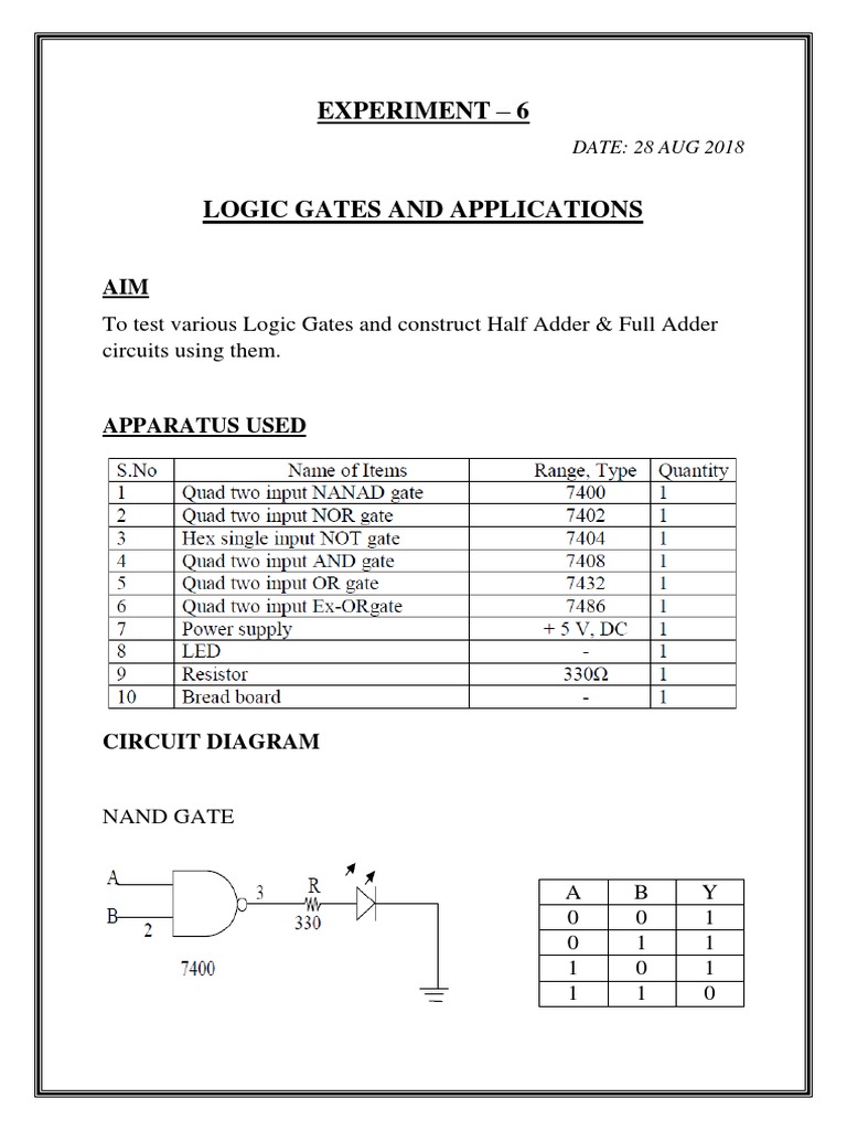 Experiment - 6: To Test Various Logic Gates and Construct Half Adder ...