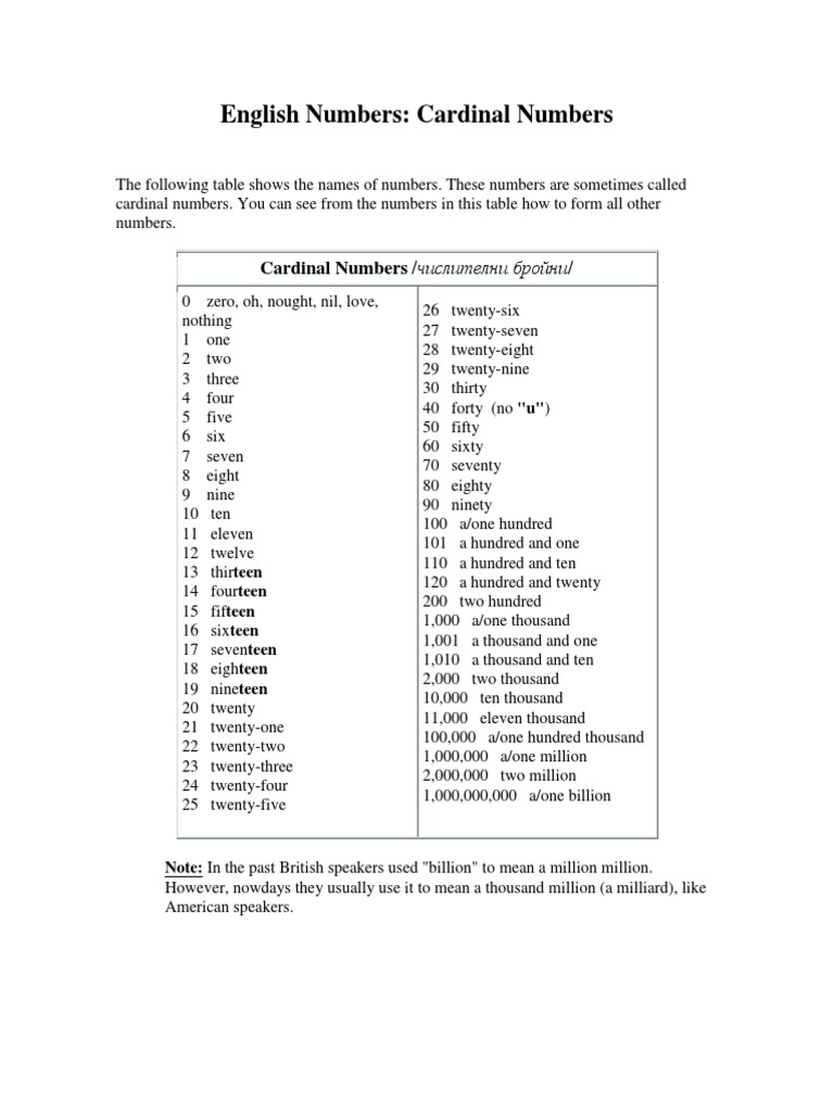 English Numbers: Cardinal Numbers | PDF | Fahrenheit | Linguistics