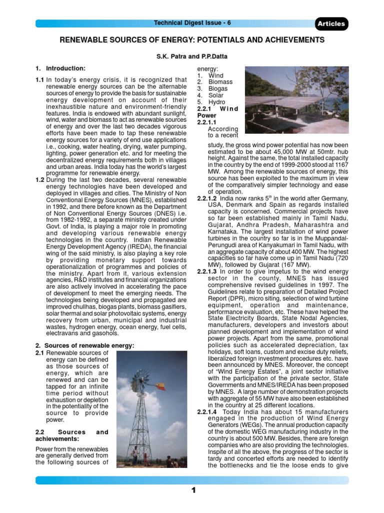 Renewable Sources of Energy Potentials and Achievements | PDF ...