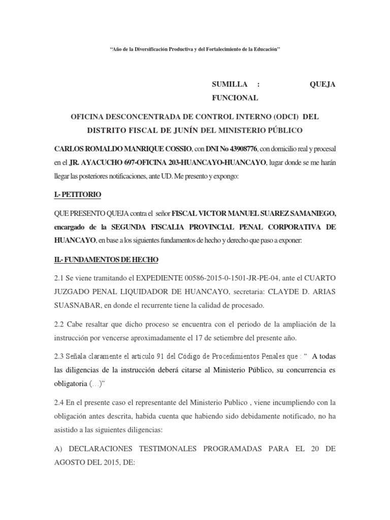 Queja A Control Interno Ministerio Publico | PDF | Gobierno | Justicia