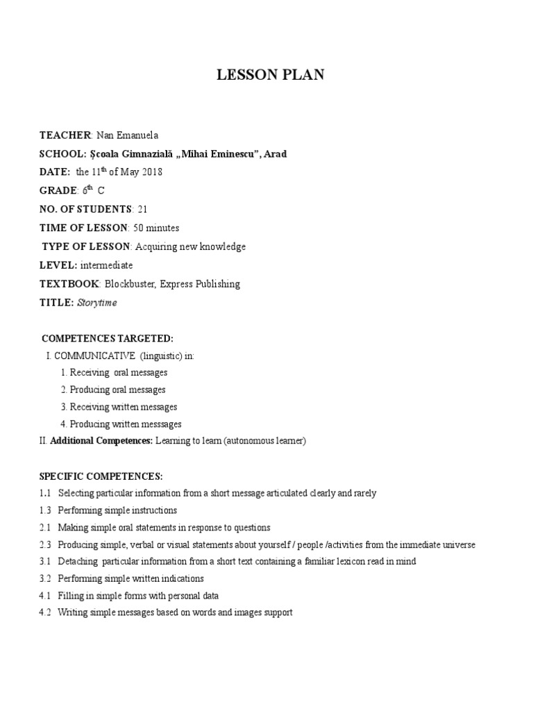 LESSON PLAN Blockbuster 1 - Storytime | PDF | Lesson Plan | Adjective