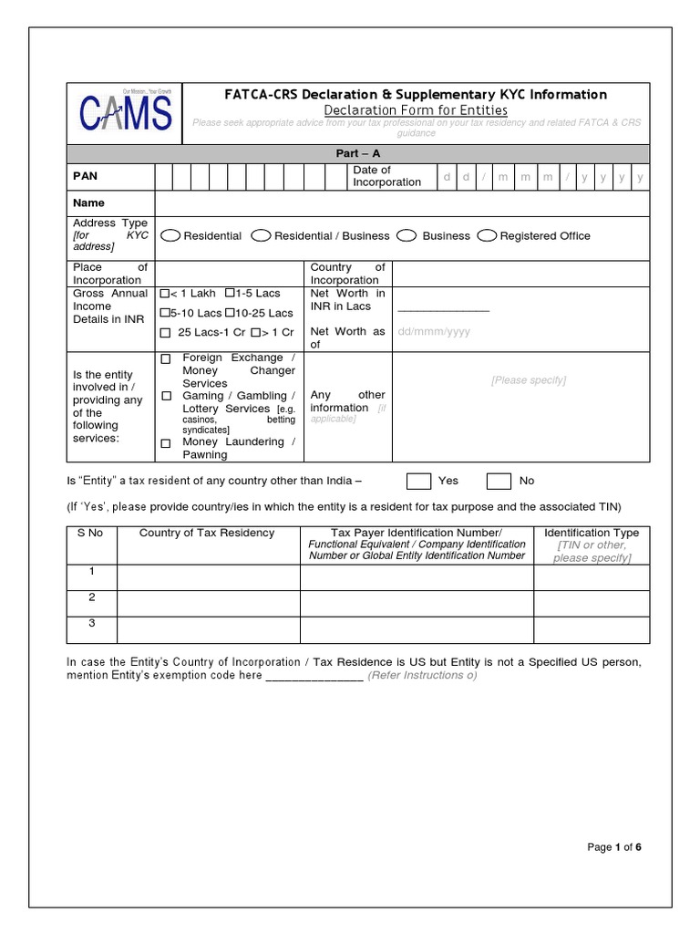 Declaration Form for Entities: FATCA-CRS Declaration & Supplementary KYC Information | PDF ...