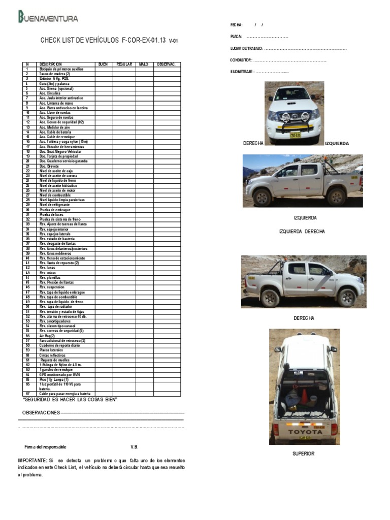 Check List Camioneta | Automóviles | Vehículo a motor