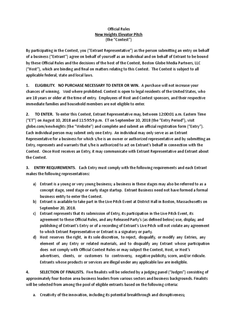 New Heights Elevator Pitch Contest Rules | PDF | Privacy | Damages