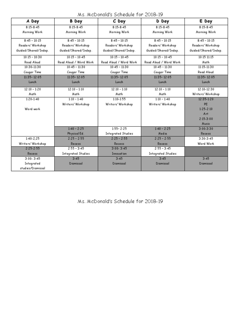 Ms. Mcdonald'S Schedule For 2018-19: A Day B Day C Day D Day E Day ...