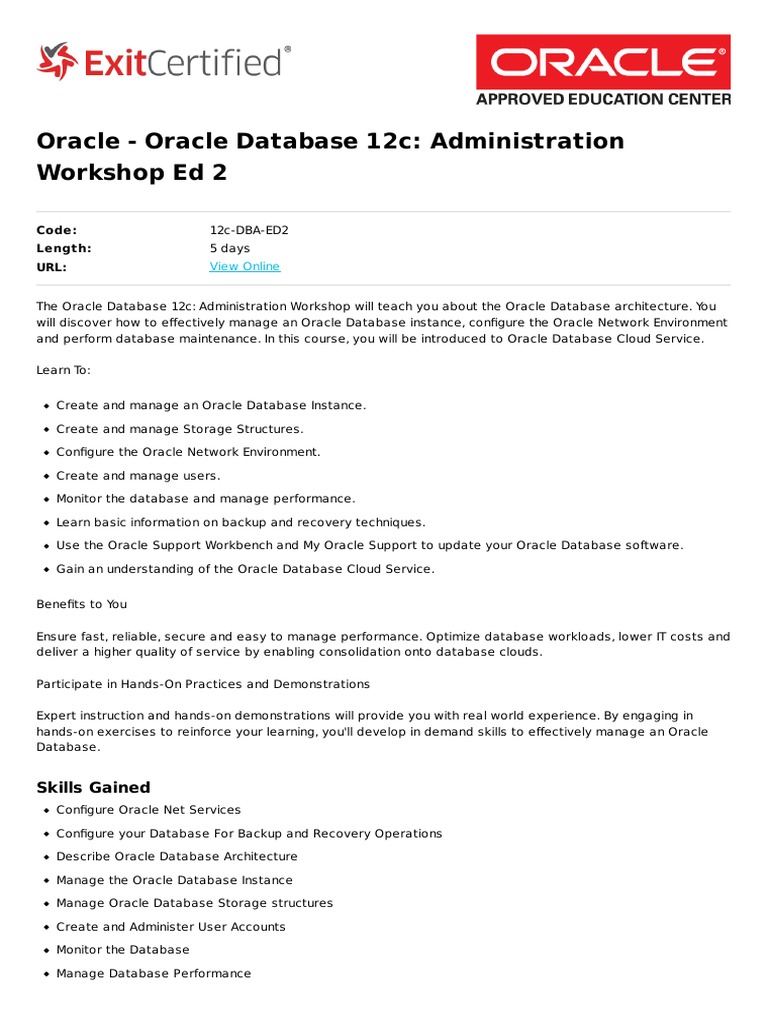 Oracle Database 12c Administration Workshop Ed 2 Pdf Pdf Oracle Corporation Databases