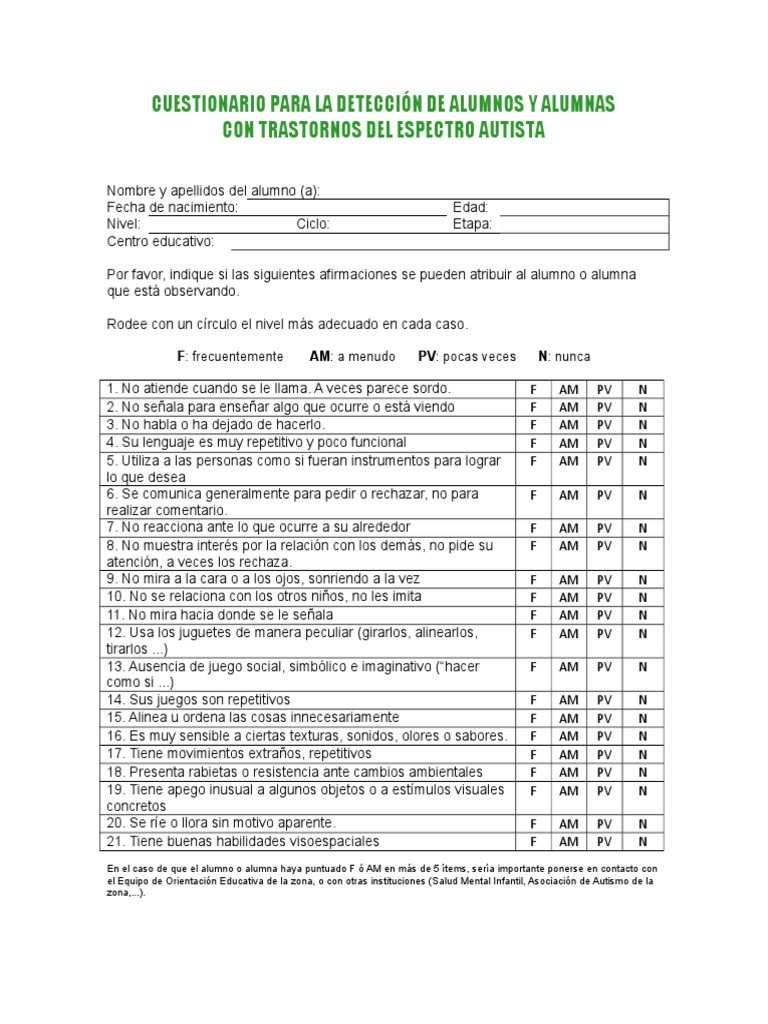 Cuestionario para La Detección de Alumnos Con Autismo | PDF | Espectro autista | Ciencias del ...
