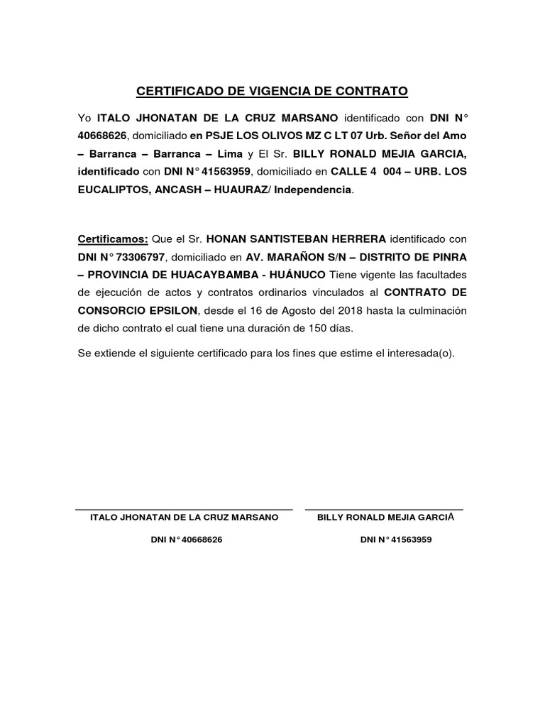 Certificado de Vigencia de Contrato