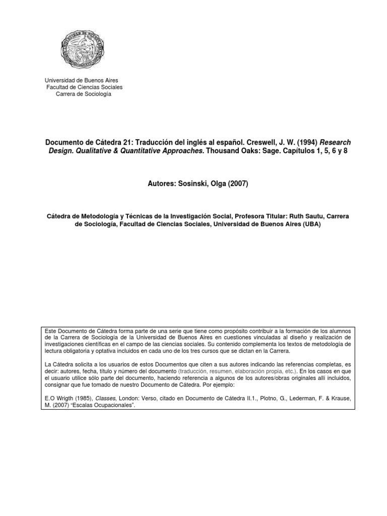 Creswell, J. W. (1994) Research Design. Qualitative and Quantitative ...