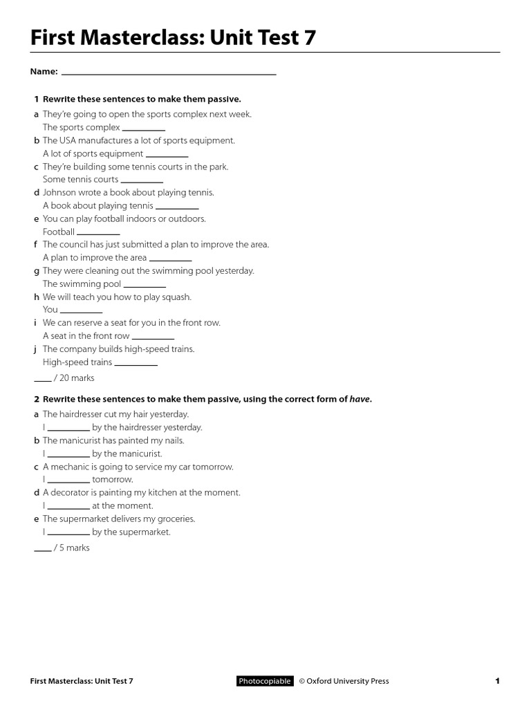 Firstmasterclass TB Unit Test 7 A4 | PDF | Sports | Leisure