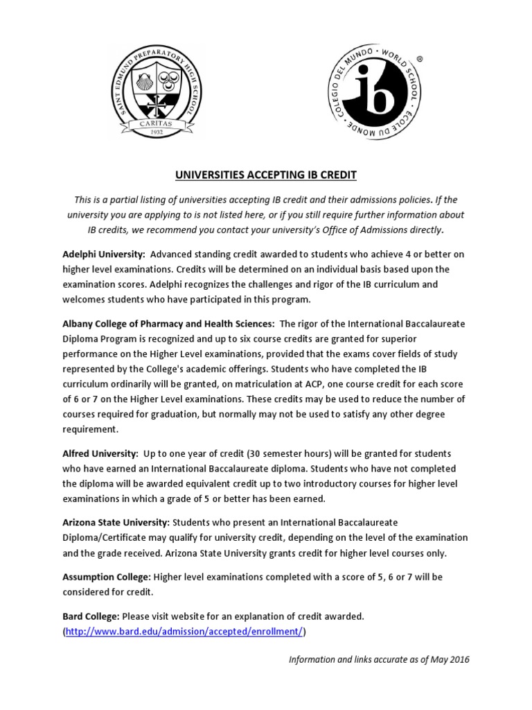 Universities Accepting IB Credit | PDF | Course Credit | University And ...