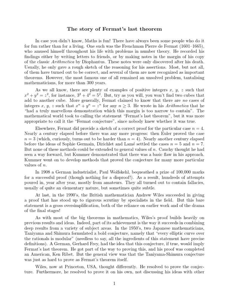 The Story of Fermat's Last Theorem | PDF | Fermat's Last Theorem ...