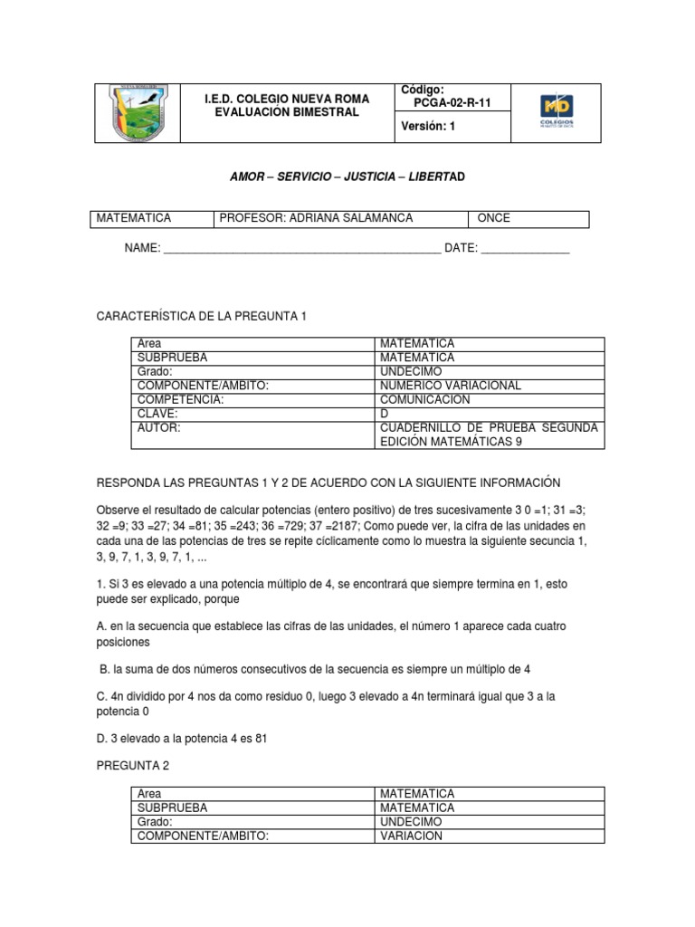 11 Eva Math Iii | PDF | Exponenciación | Enseñanza de matemática