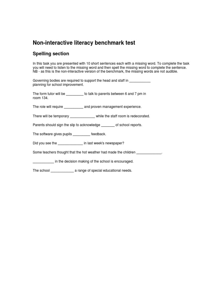 Non Interactive Literacy Benchmark Test | PDF | Reading Comprehension ...
