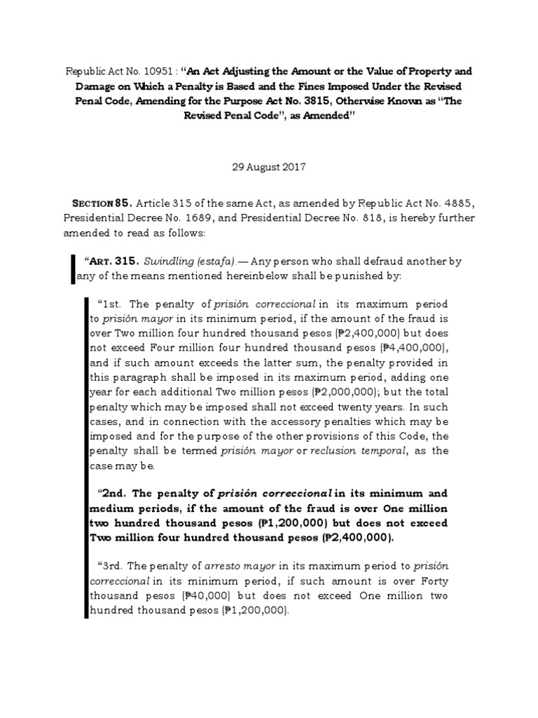 Estafa Under RA 10951 | PDF | Fraud | Cheque