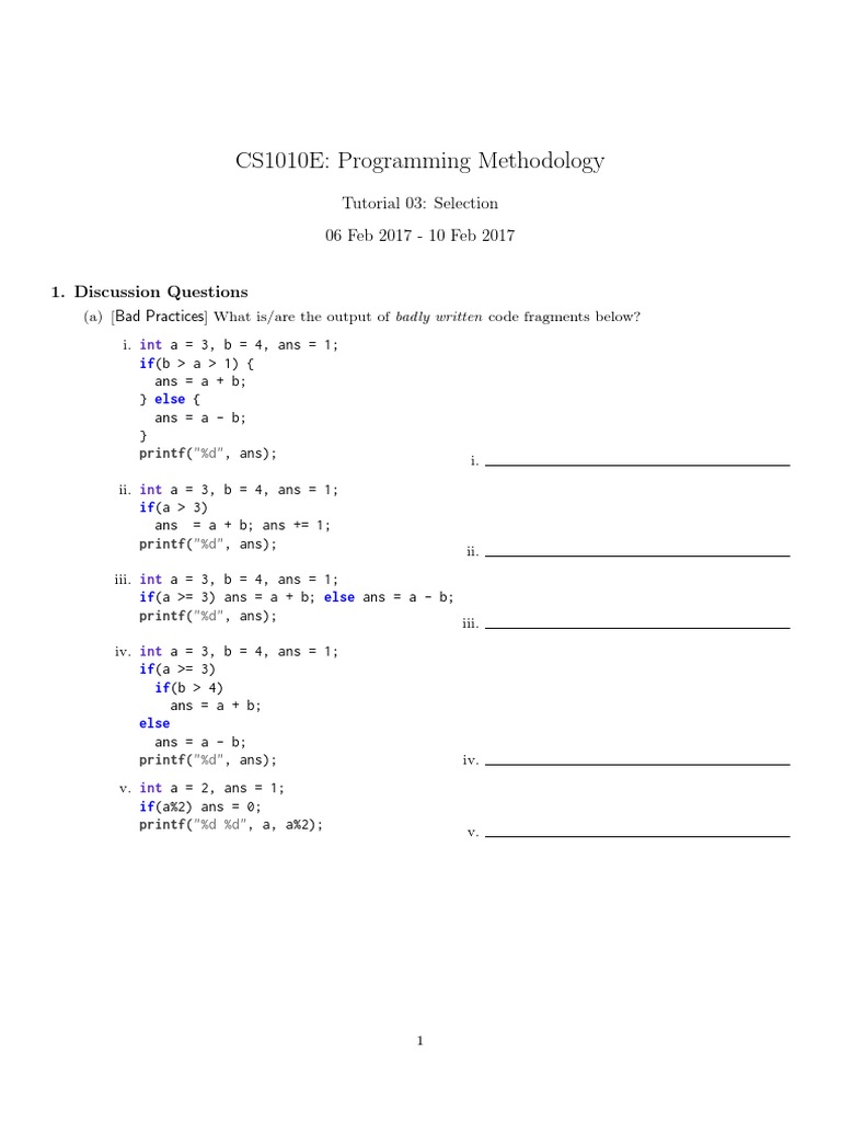 Cs1010e Programming Methodology Tutorial 03 Selection 06 Feb 2017 10 Feb 2017 Pdf Areas 