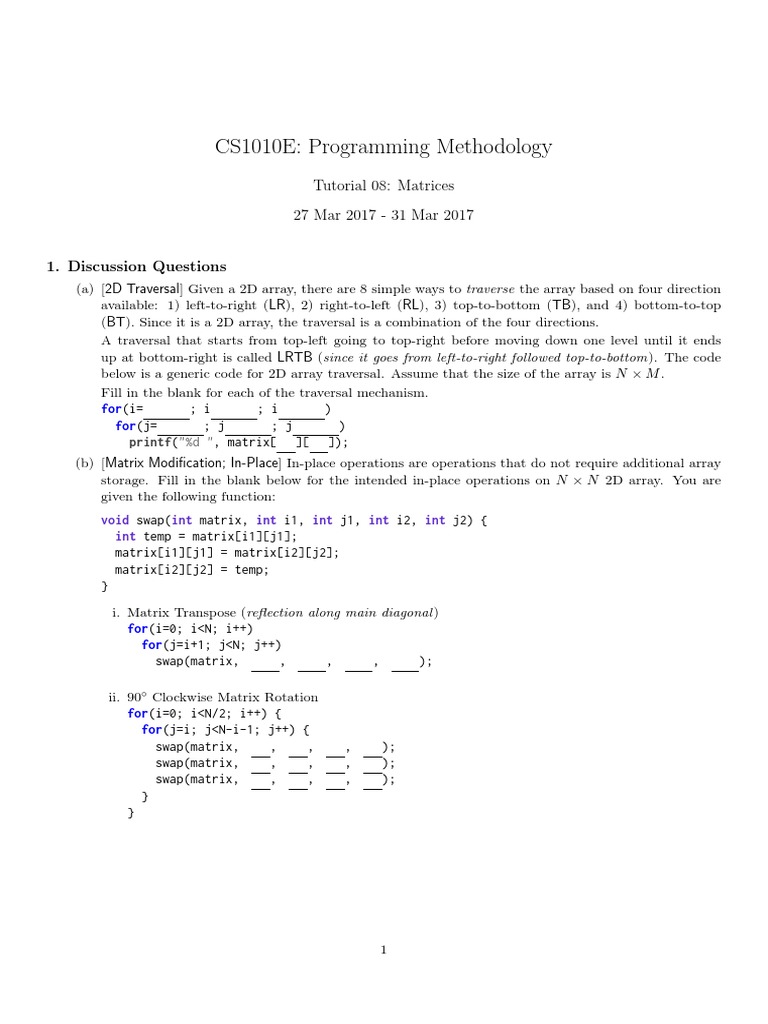 CS1010E: Programming Methodology: Tutorial 08: Matrices 27 Mar 2017 - 31 Mar 2017 | PDF ...