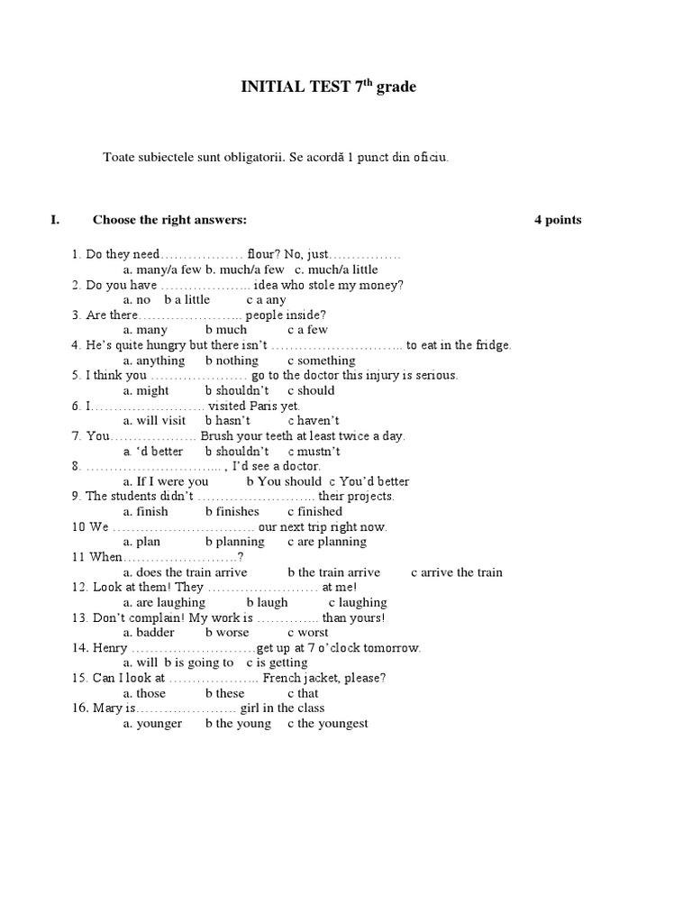 Initial Test 7 Grade: I. Choose The Right Answers: 4 Points | PDF | Penguin