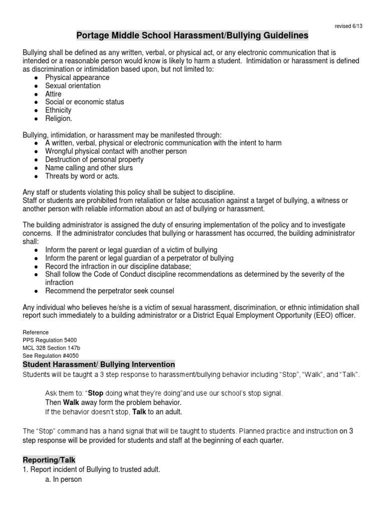 Portage Middle School Bullying Guidelines | PDF | Bullying | Intimidation