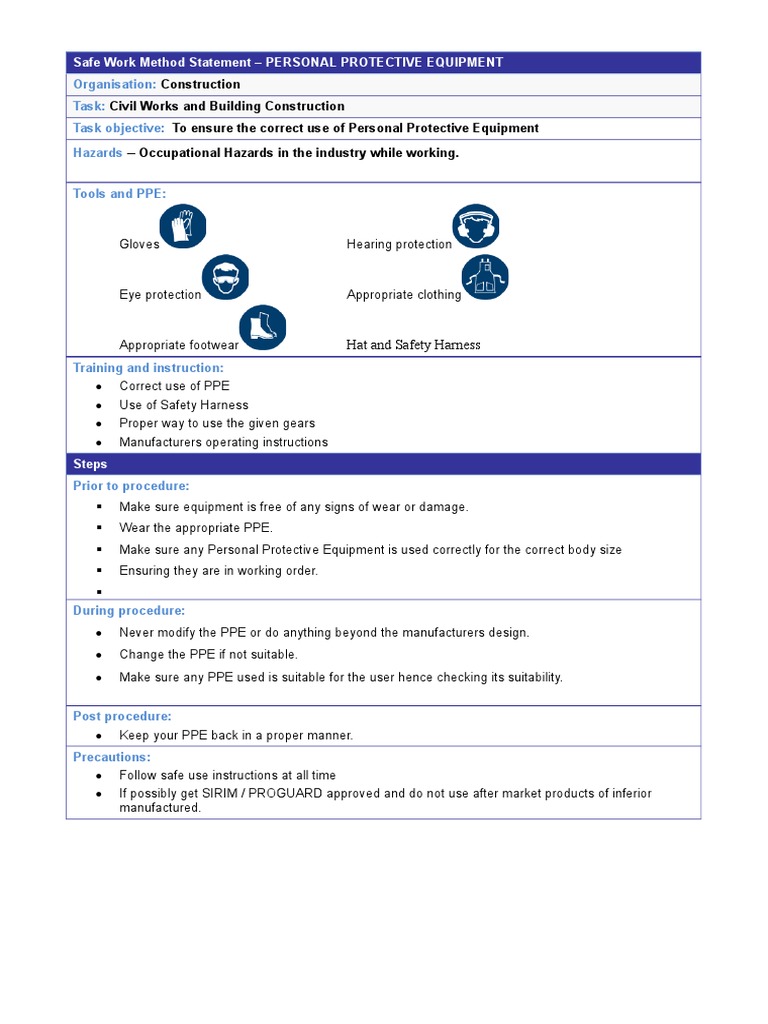 PPE Safety Method Statement for Construction | PDF
