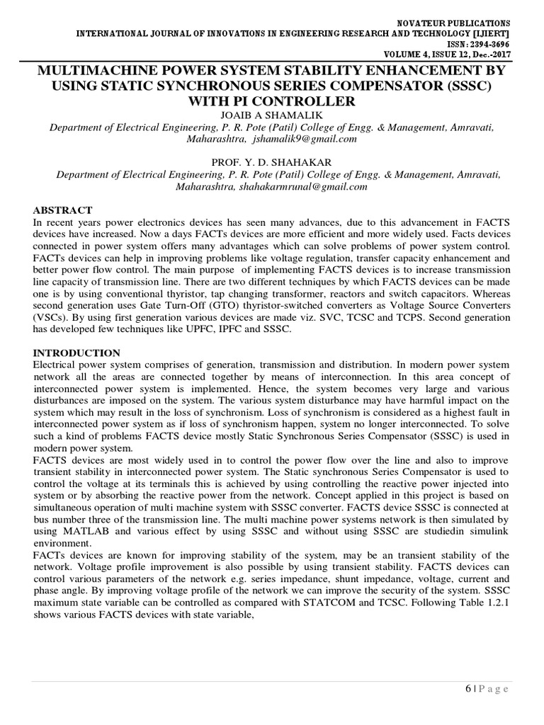 Multimachine Power System Stability Enhancement by Using Static Synchronous Series Compensator ...
