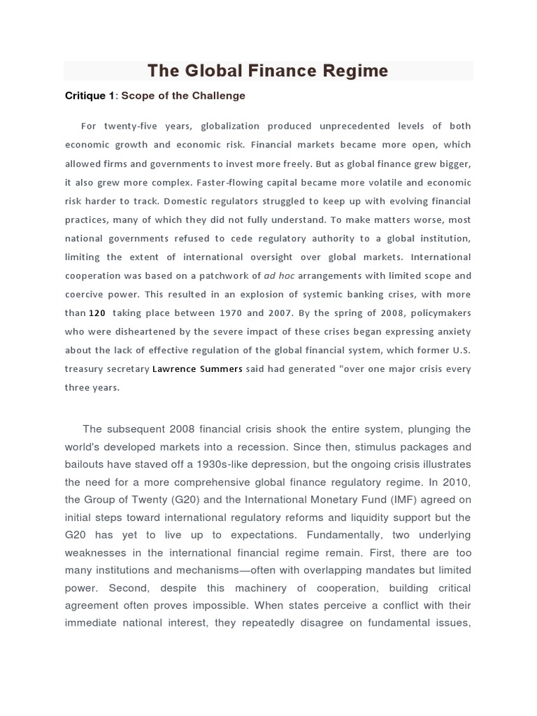 The Global Finance Regime: Critique 1 | PDF | Global Financial System ...