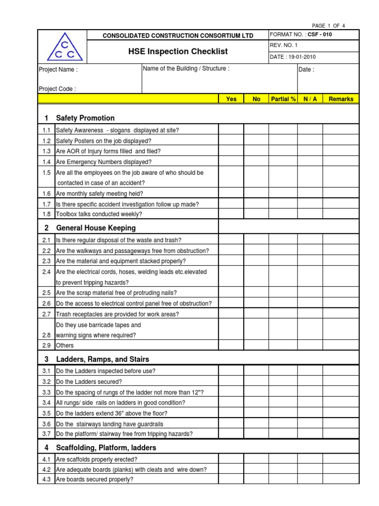 HSE Inspection Checklist: 1 Safety Promotion | PDF | Scaffolding | Stairs