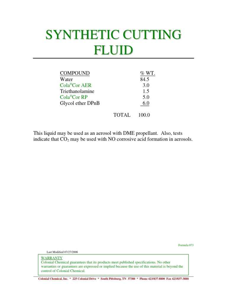 Synthetic Cutting Fluid 073 | PDF | Gases | Chemical Compounds