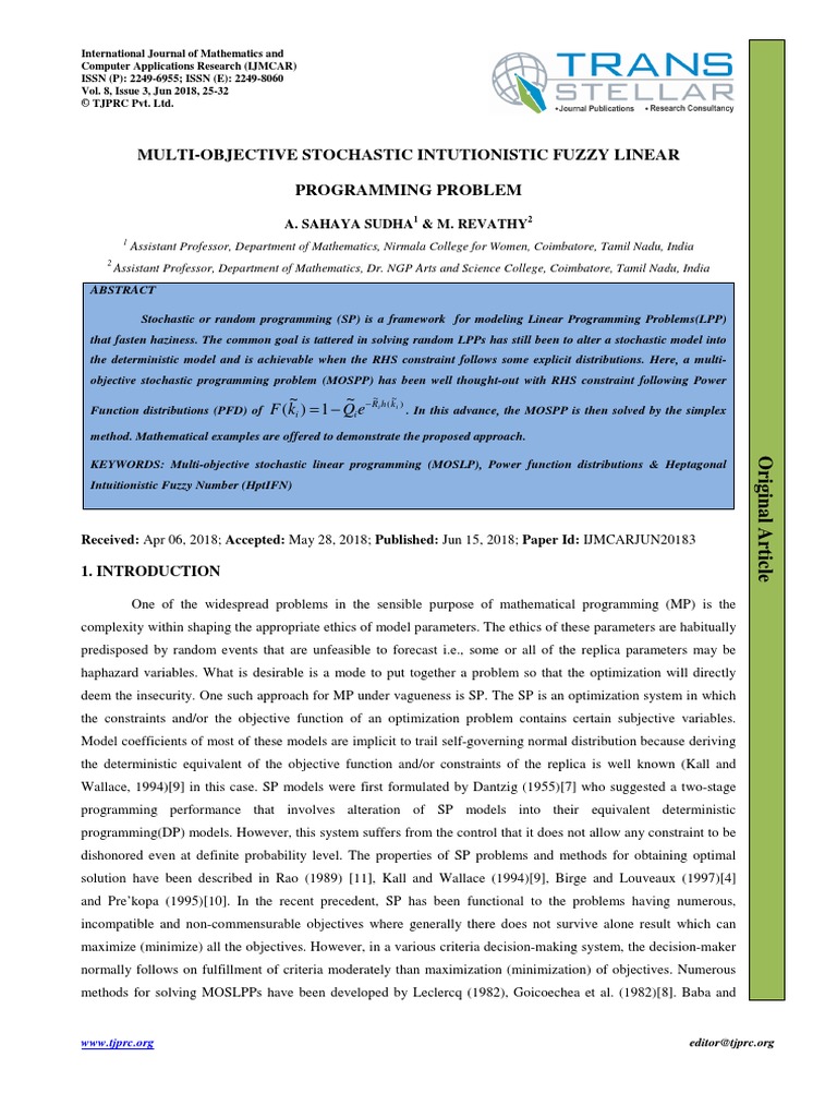 Multi-Objective Stochastic Intutionistic Fuzzy Linear Programming Problem | PDF | Mathematical ...