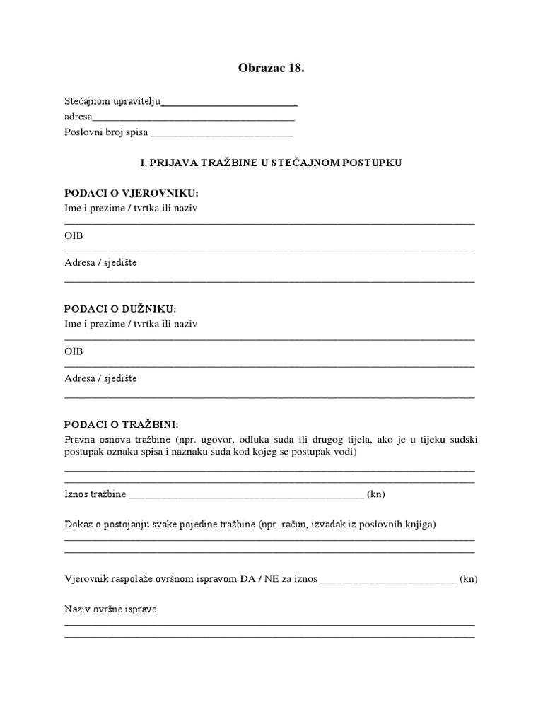 O18 Prijava Tražbine U Stečajnom Postupku (Čl. 257. St. 1. SZ)