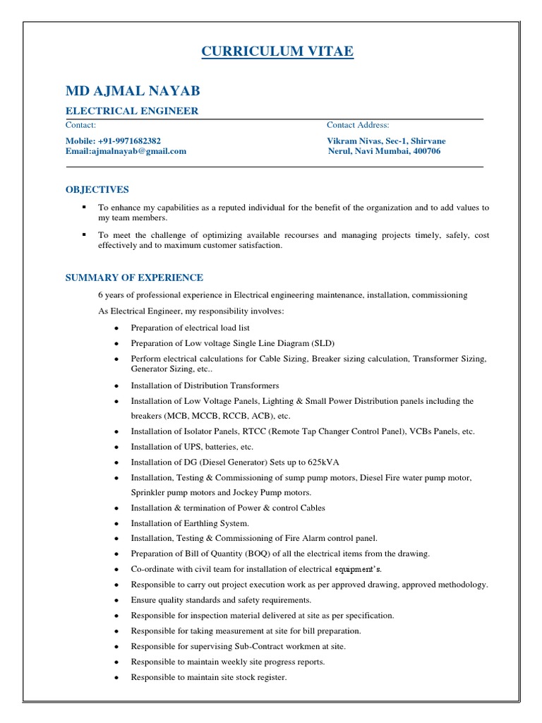 Curriculum Vitae: Electrical Engineer | PDF | Transformer | Electrical Wiring