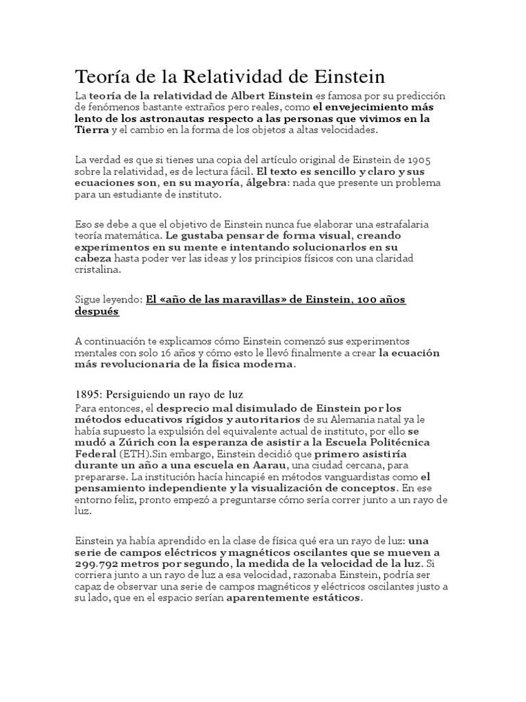 Teoría de La Relatividad de Einstein | PDF | Albert Einstein | Ligero