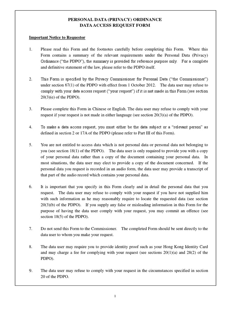 Personal Data (Privacy) Ordinance Data Access Request Form: Important ...