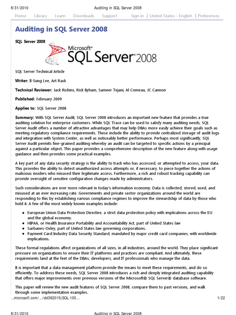 Auditing in SQL Server 2008 | PDF | Microsoft Sql Server | Database Transaction