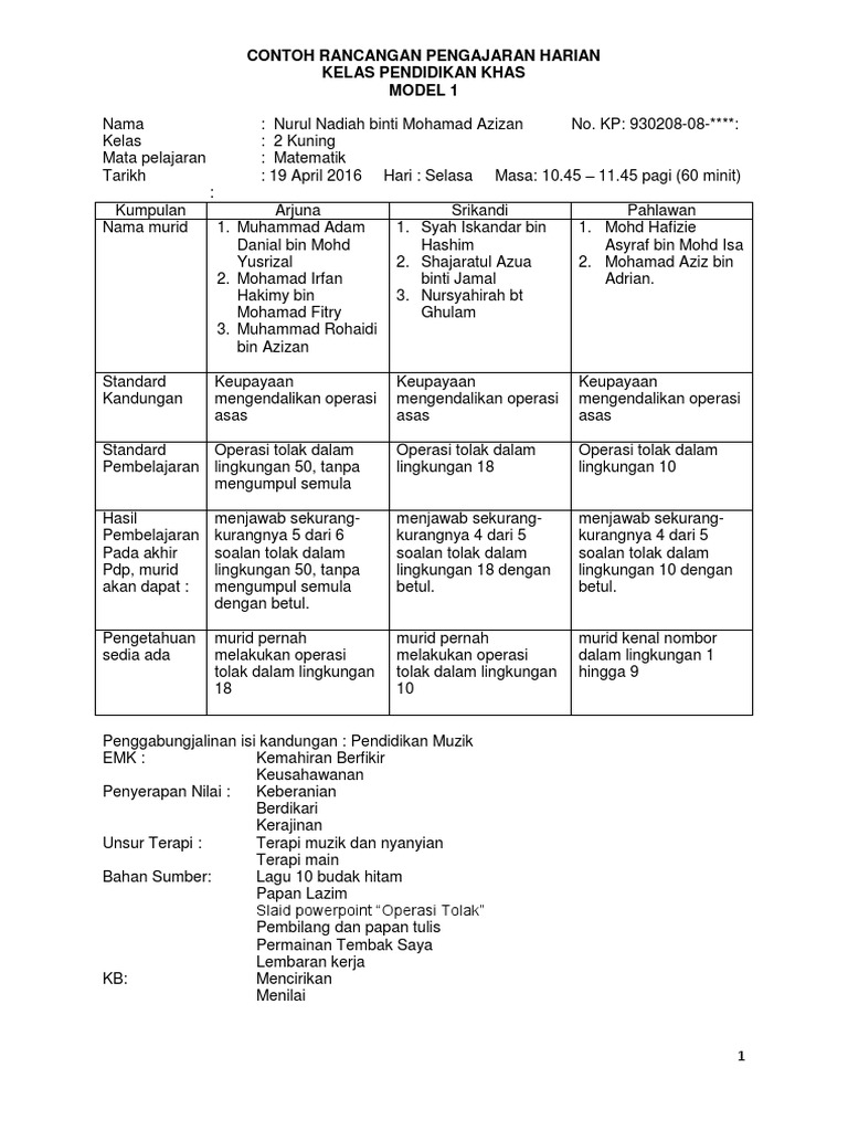 RPH Matematik Khas: Operasi Tolak | PDF