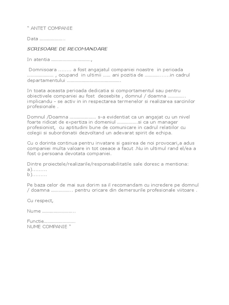 Model Scrisoare de Recomandare | PDF