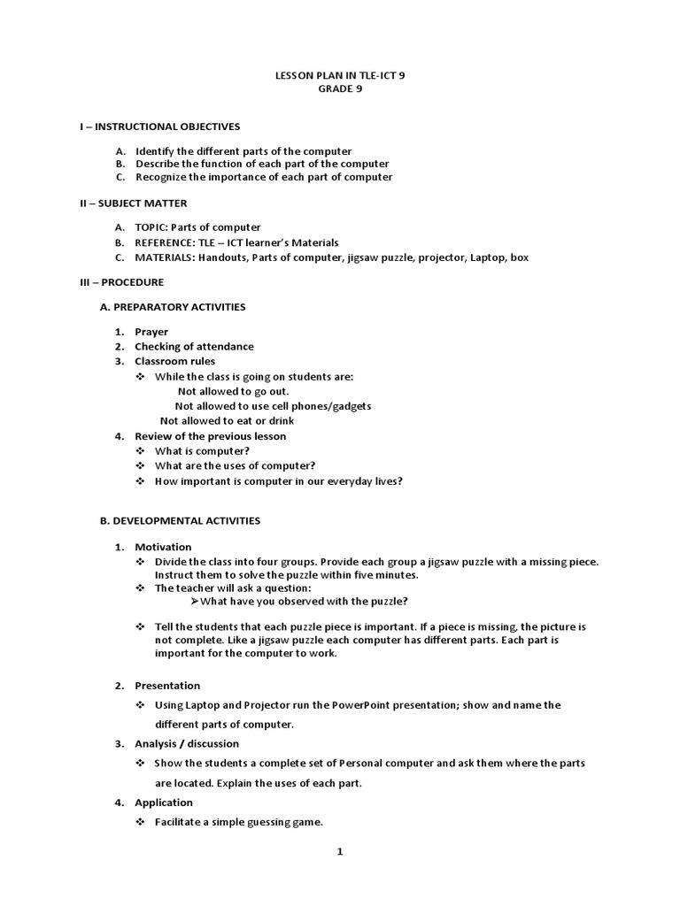 Grade 9 ICT Lesson Plan: Computer Parts | PDF | Lesson Plan | Teaching