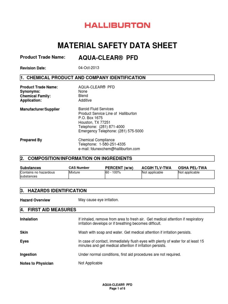 Aqua Clear PFD Material Safety Data Sheet PDF | PDF | Personal Protective Equipment | Toxicity