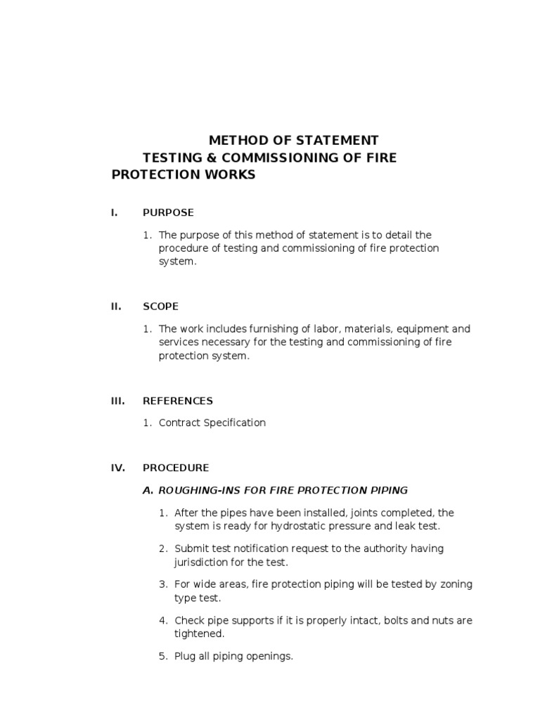 Method Of Statement Testing Commissioning With Sprinkler Heads Pdf