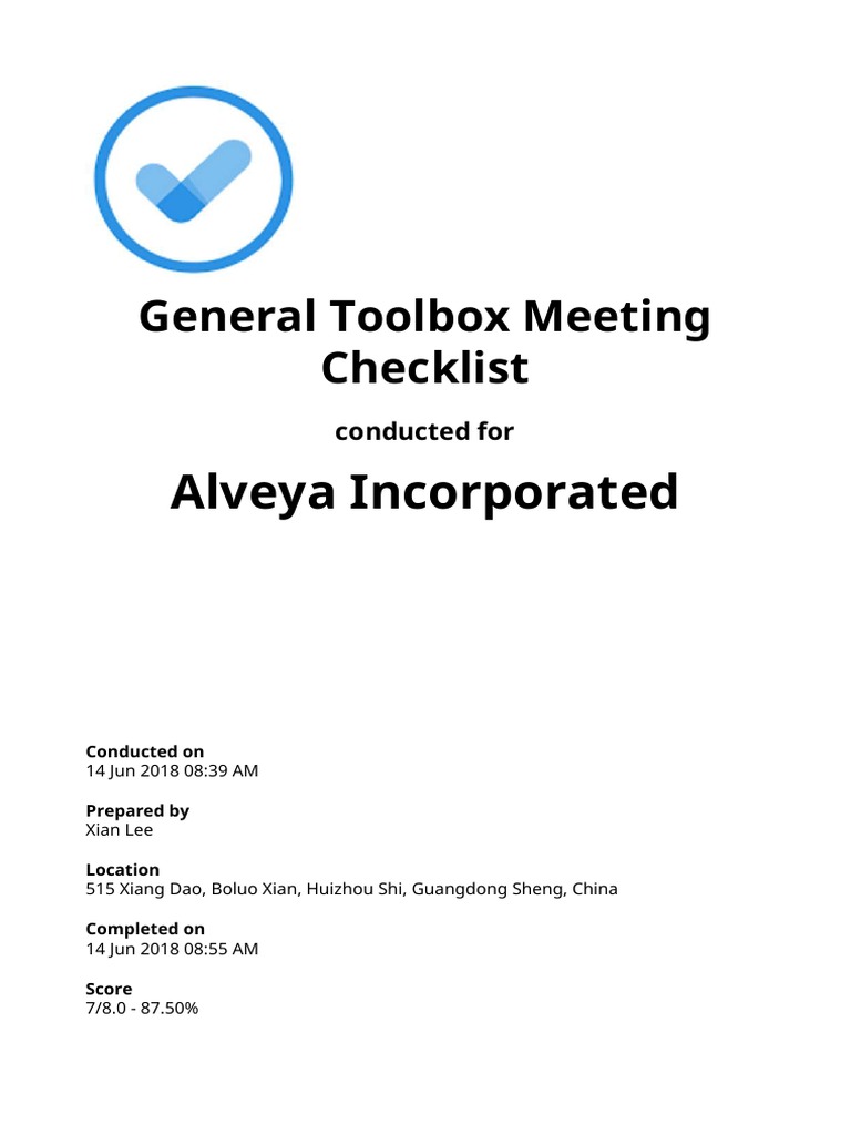 Alveya Incorporated: General Toolbox Meeting Checklist | PDF | Safety ...