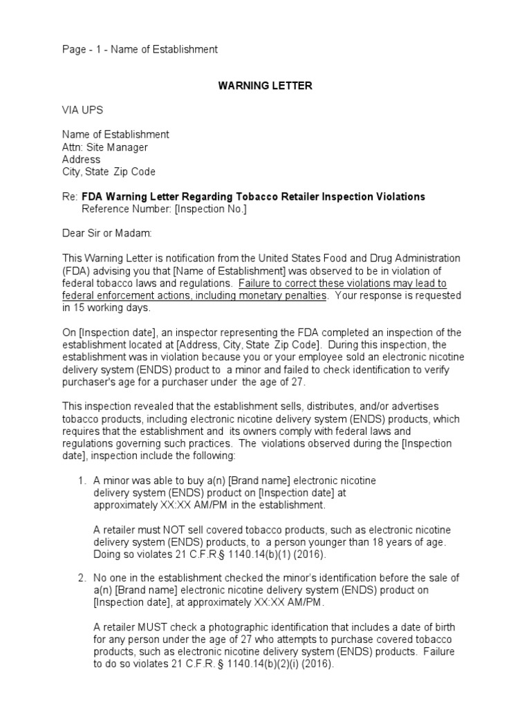 Sample Vaping Warning Letter | PDF | Food And Drug Administration ...