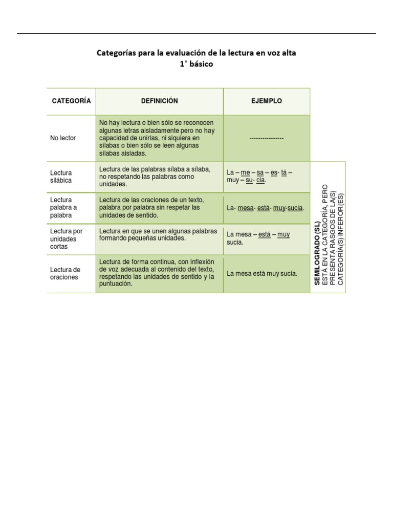 Categorias para La Evaluacion de La Lectura en Voz Alta 1 Basico y 2 A ...