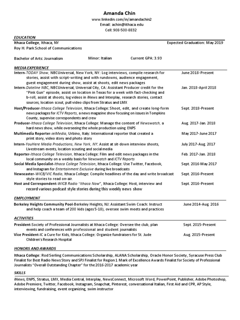 Amanda Chin Resume | PDF | News | Entertainment