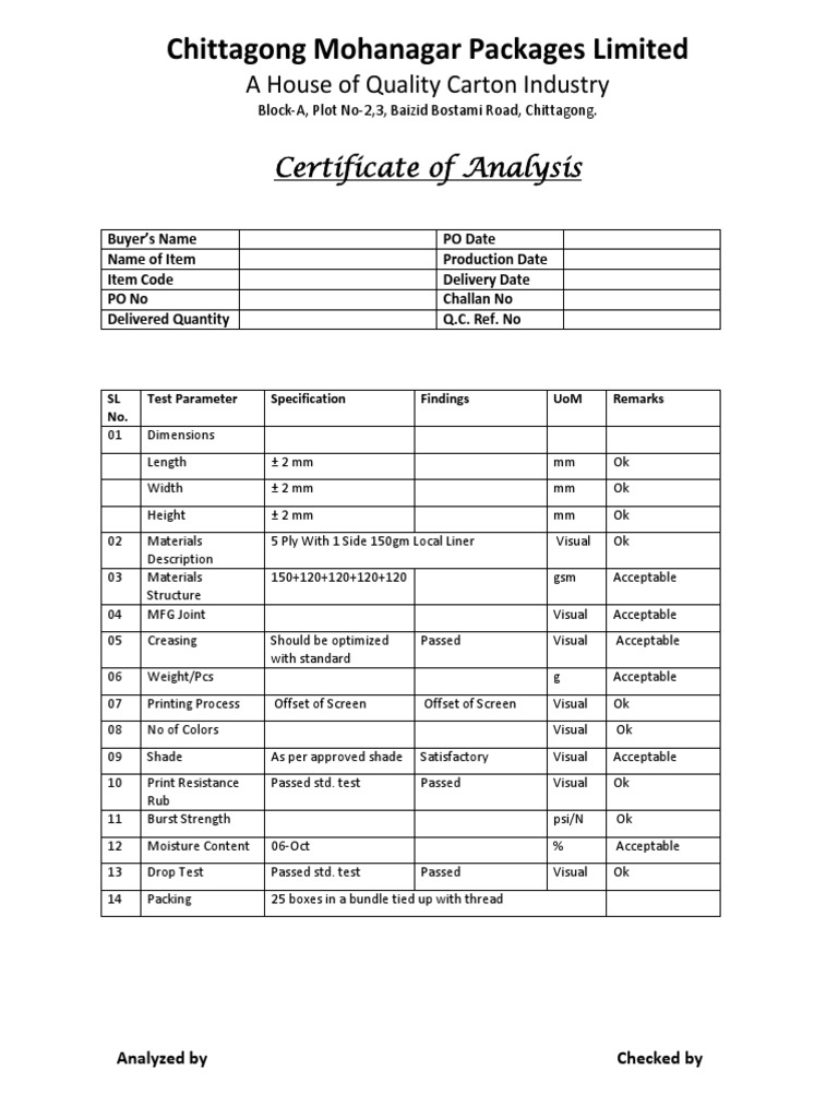 Certificate of Analysis Format | PDF