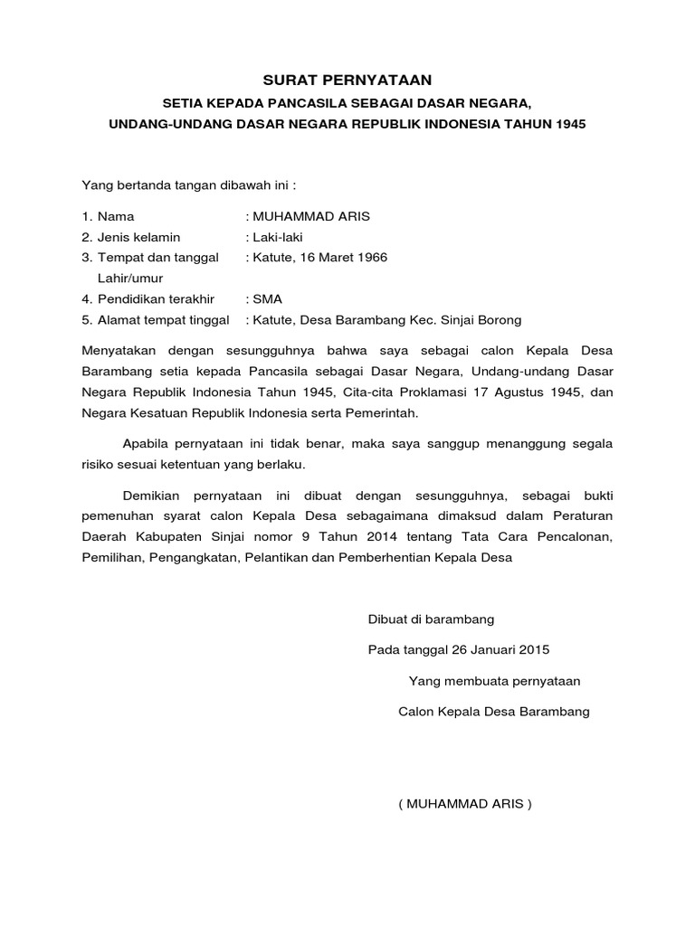 Surat Pernyataan Clon KPL Desa | PDF
