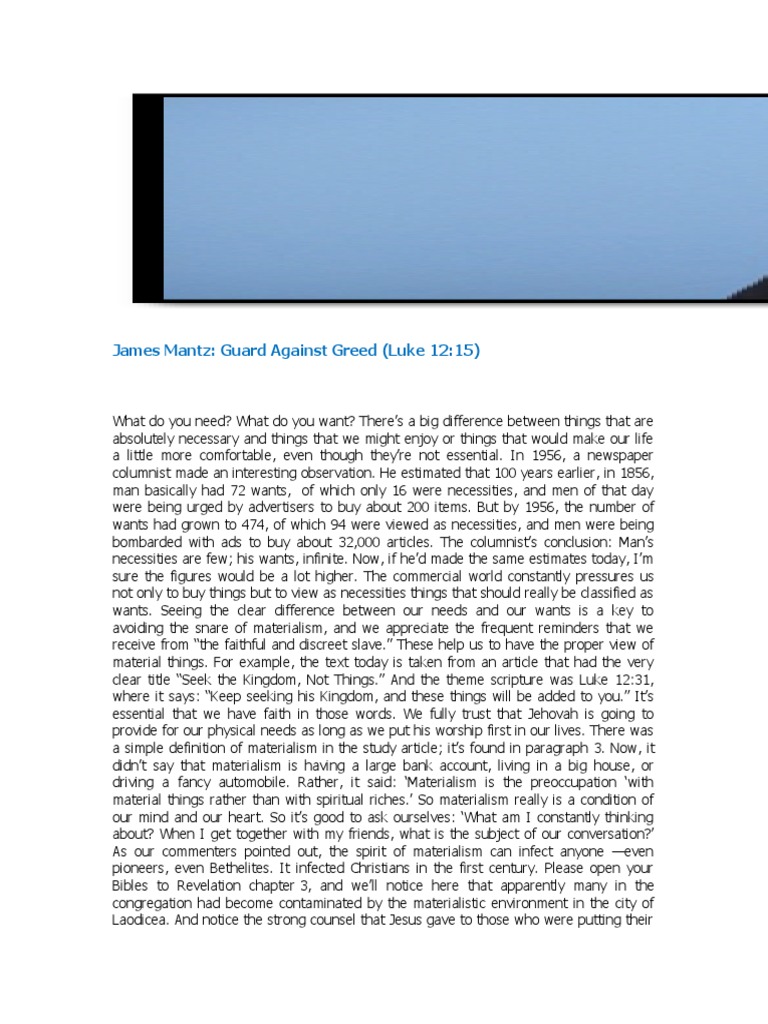 James Mantz: Guard Against Greed (Luke 12:15) | PDF | Materialism