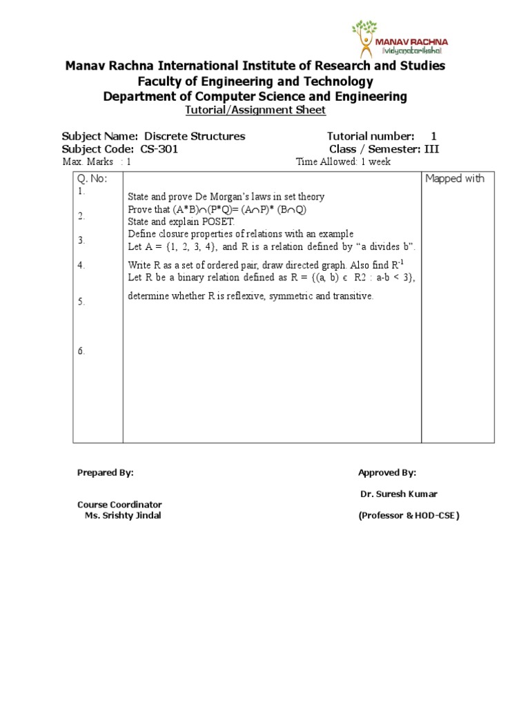 Discrete Structures Tutorial Assignment Sheets: A Comprehensive ...
