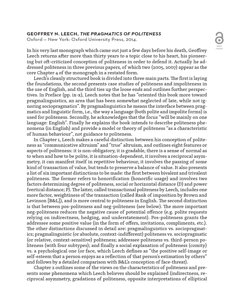 Geoffrey N. Leech, The Pragmatics of Politeness: Open Access | PDF ...