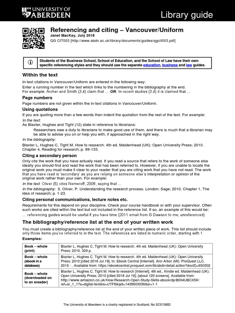 Library Guide: Referencing and Citing - Vancouver/Uniform | PDF ...